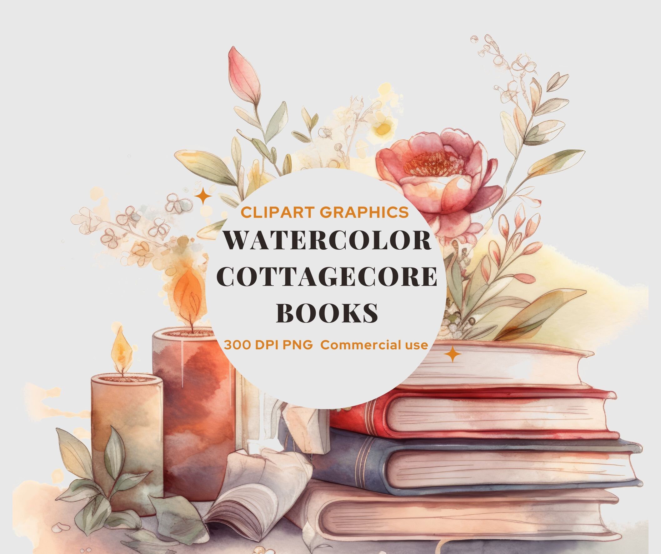 Watercolor Cottagecore Books Clipart, Cottagecore Book Lovers, Romantic ...