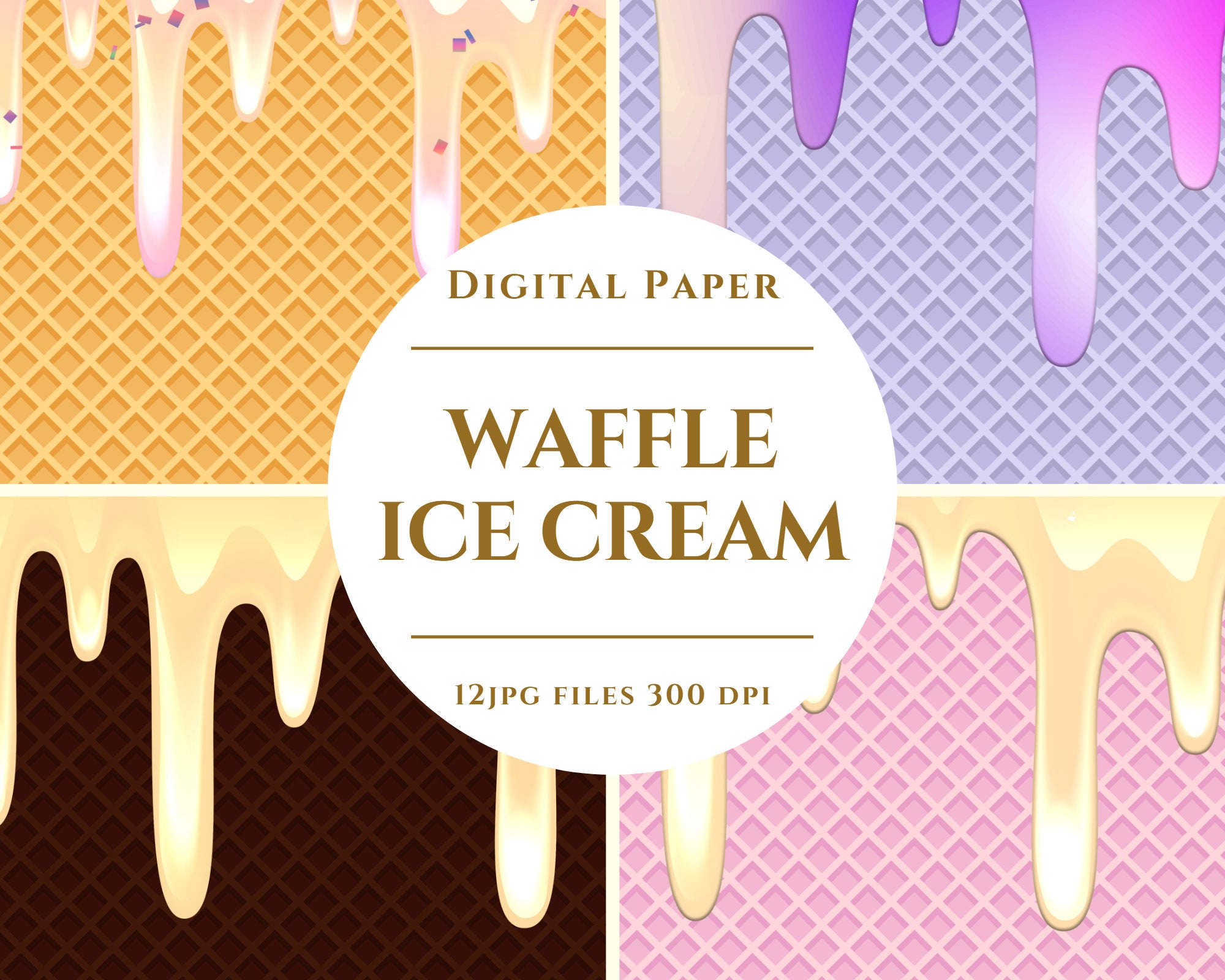Waffle Ice Cream Digital Paper, Dripping Chocolate and Strawberry Ice ...