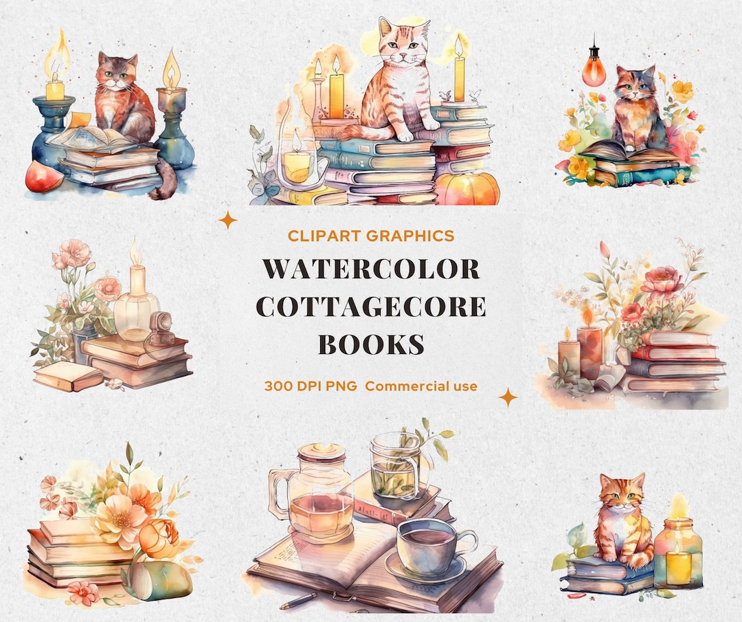 Watercolor Cottagecore Books Clipart, Cottagecore Book Lovers, Romantic ...