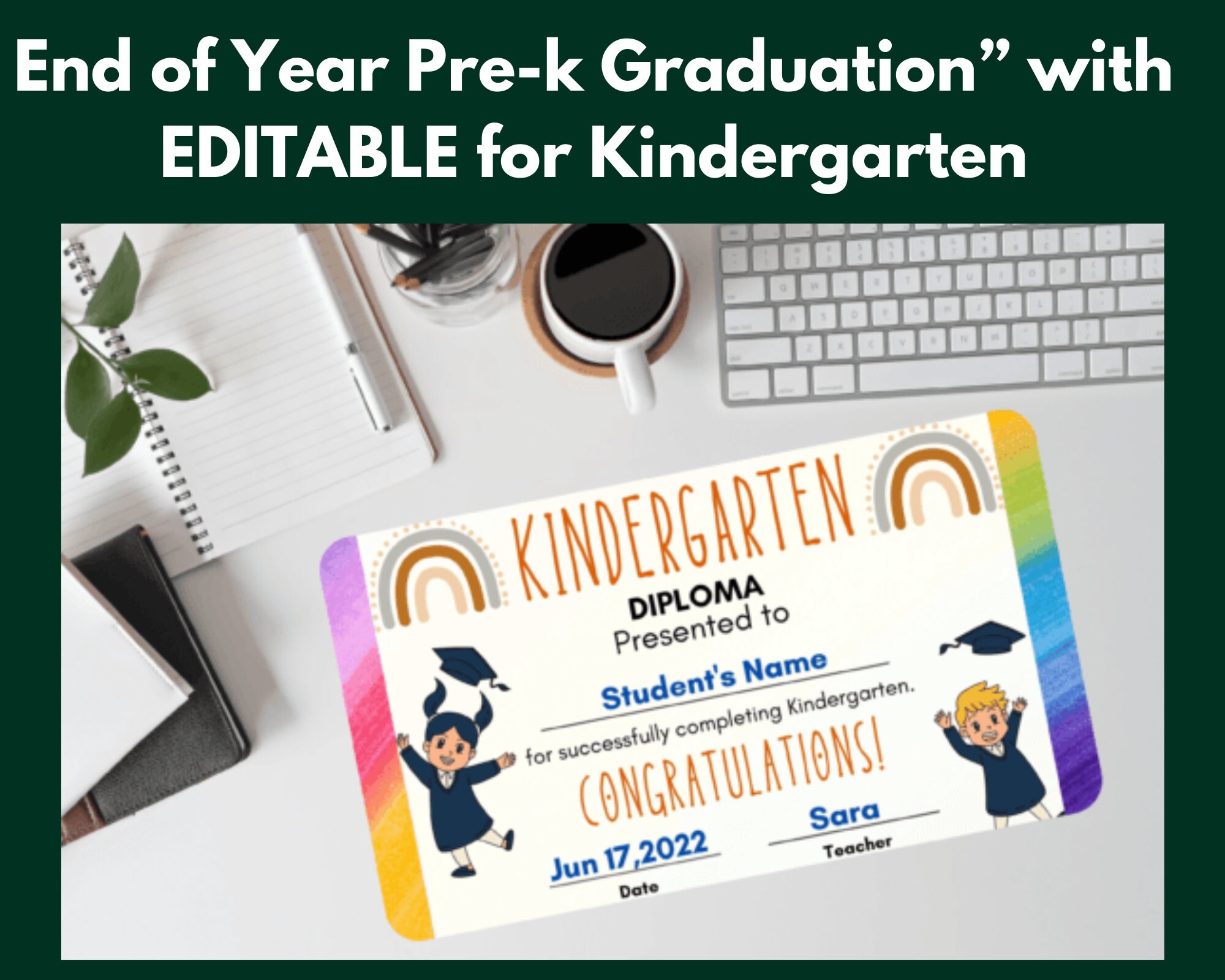 Kindergarten Grad End of Year Pre-k Graduation EDITABLE for ...