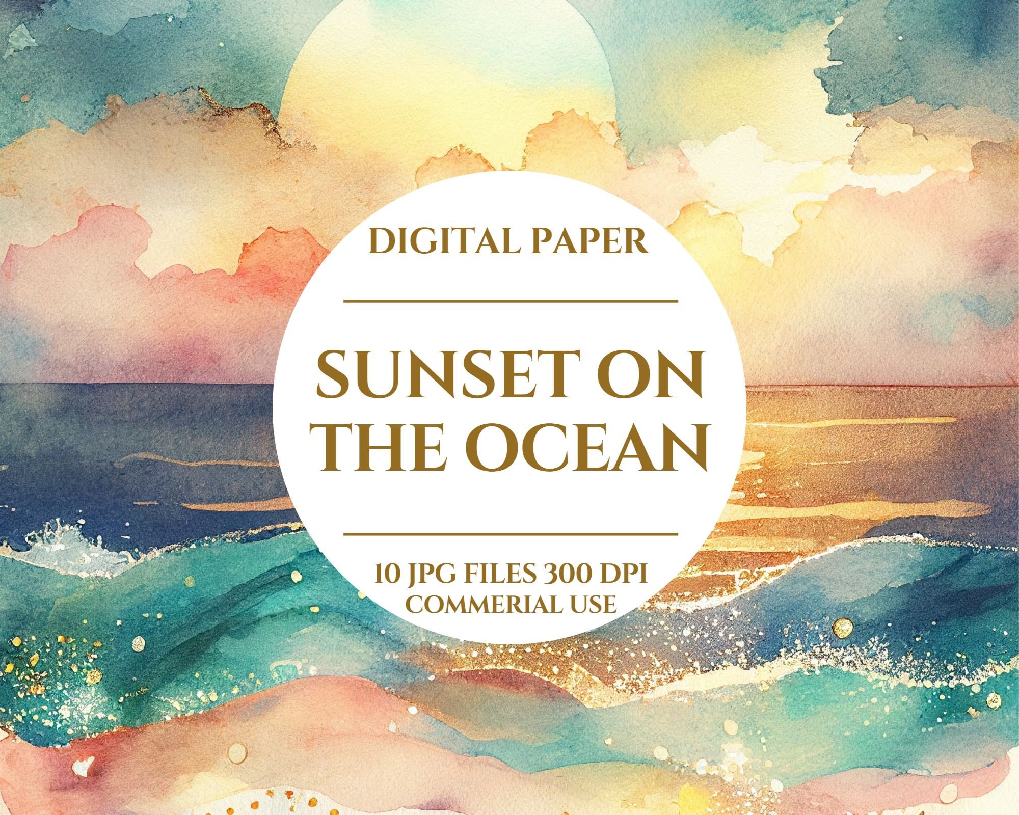Sunset on the Ocean Digital Paper, Ocean Serenity Sunset Digital Paper ...