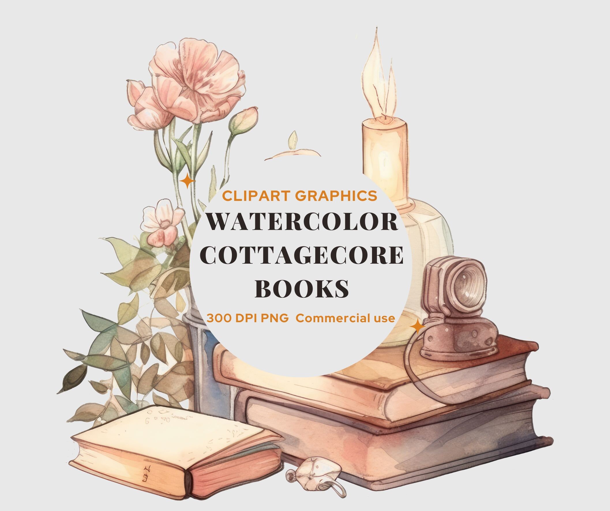 Watercolor Cottagecore Books Clipart, Cottagecore Book Lovers, Romantic ...