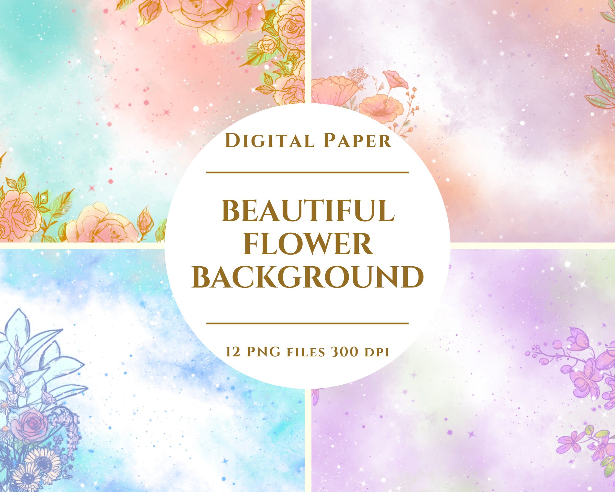 Beautiful Flower Background Digital Paper, Watercolor Flower ...