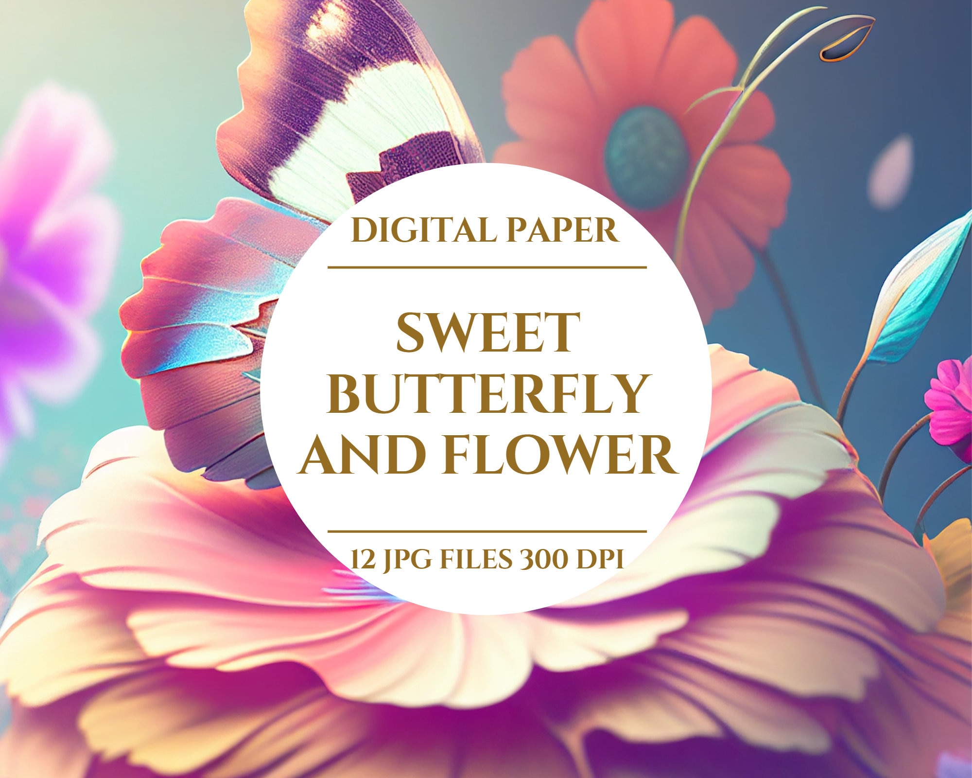 Sweet Butterfly and Flower Digital Paper, Spring Paper, Flower Clip Art ...