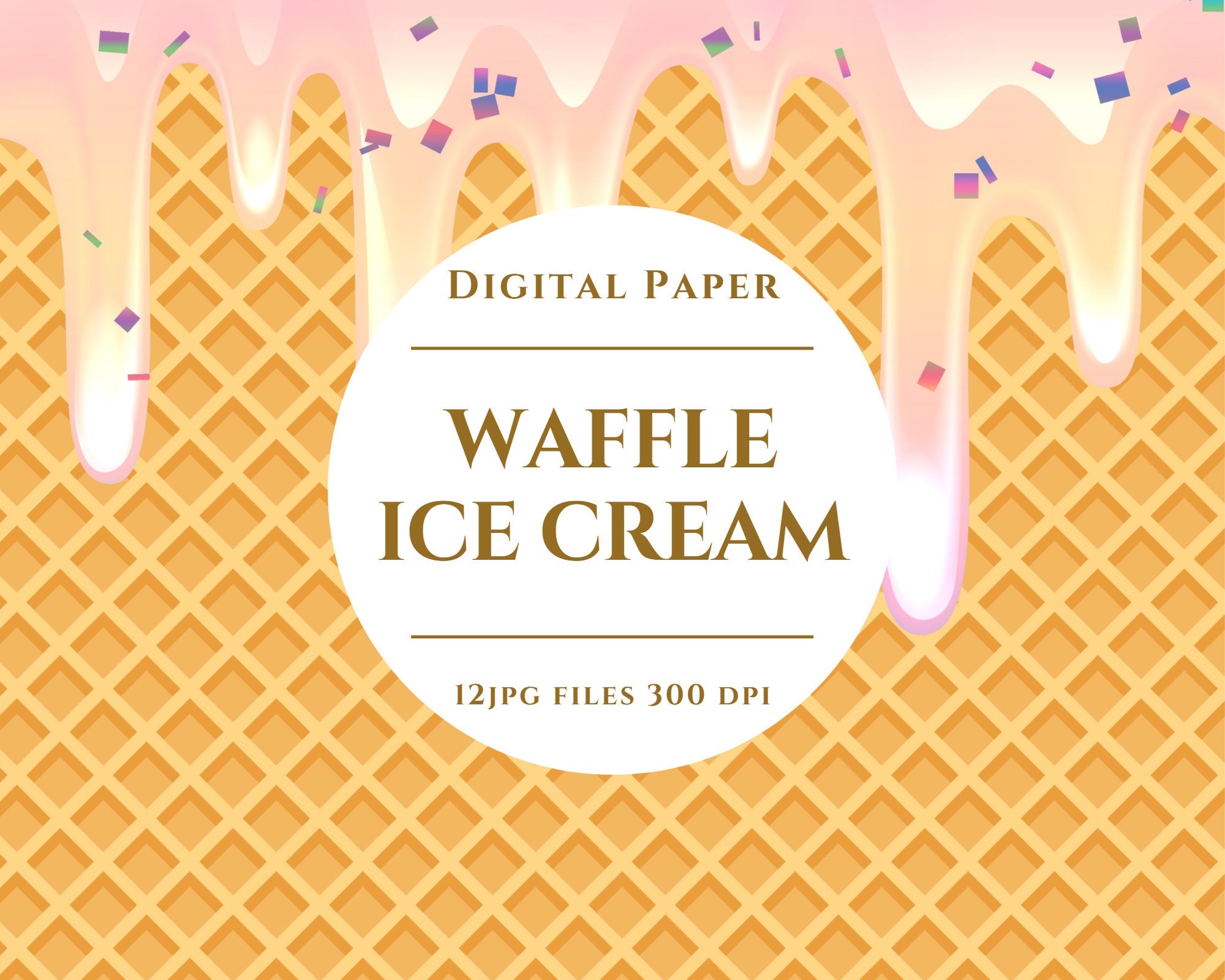 Waffle Ice Cream Digital Paper, Dripping Chocolate and Strawberry Ice ...
