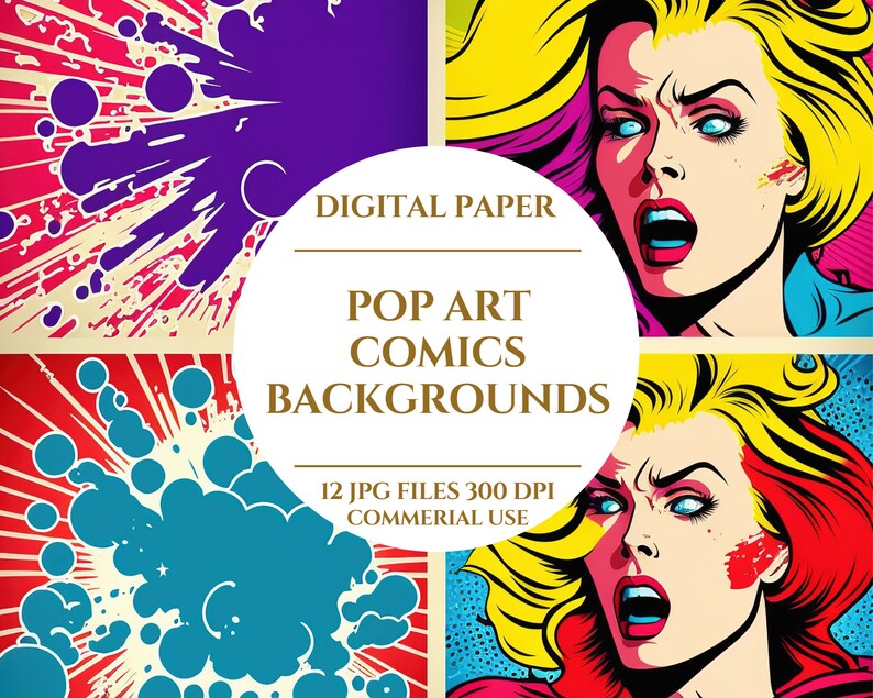 Pop Art Comics Backgrounds Digital Paper, Comic Book Theme Backgrounds ...