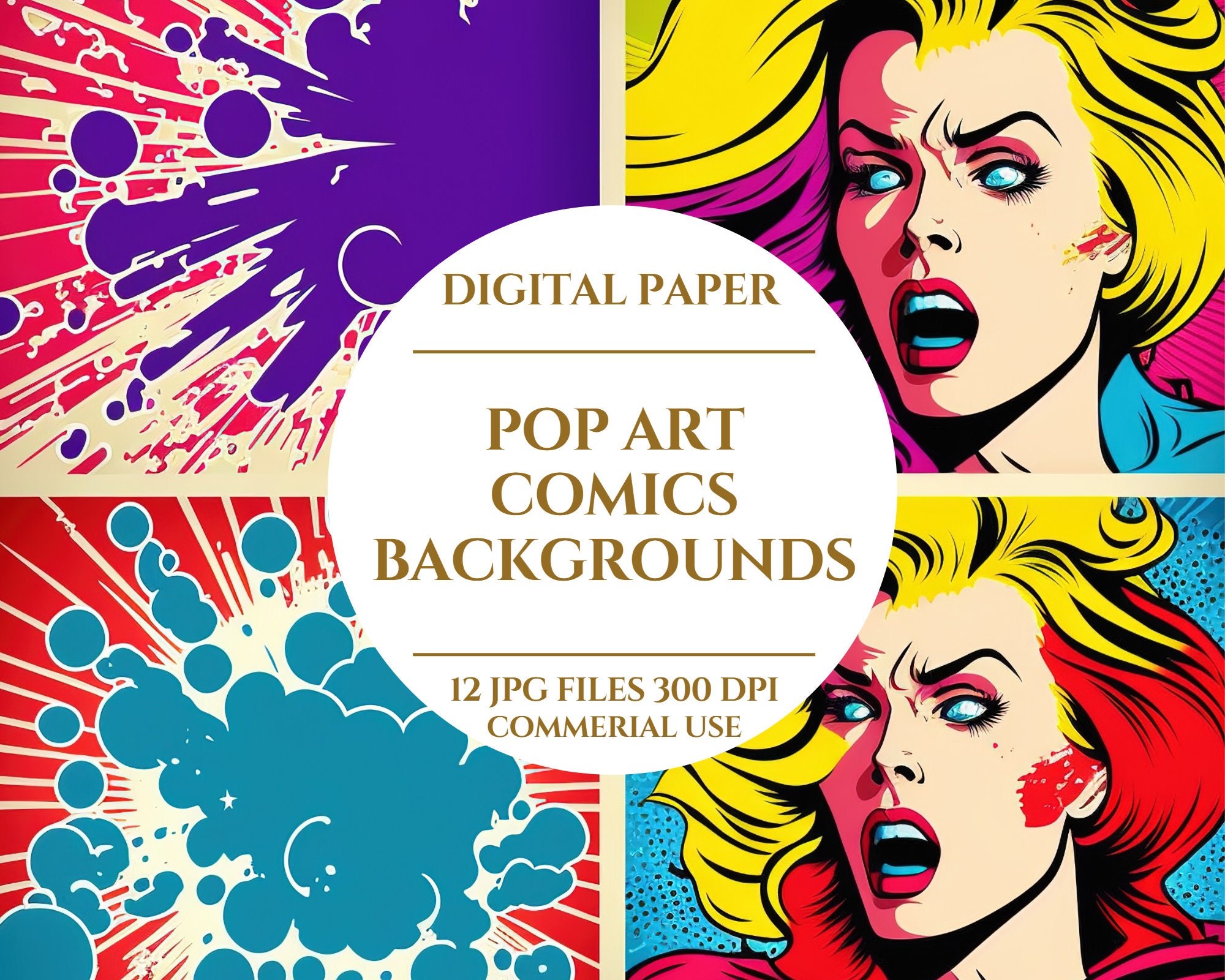 Pop Art Comics Backgrounds Digital Paper, Comic Book Theme Backgrounds ...