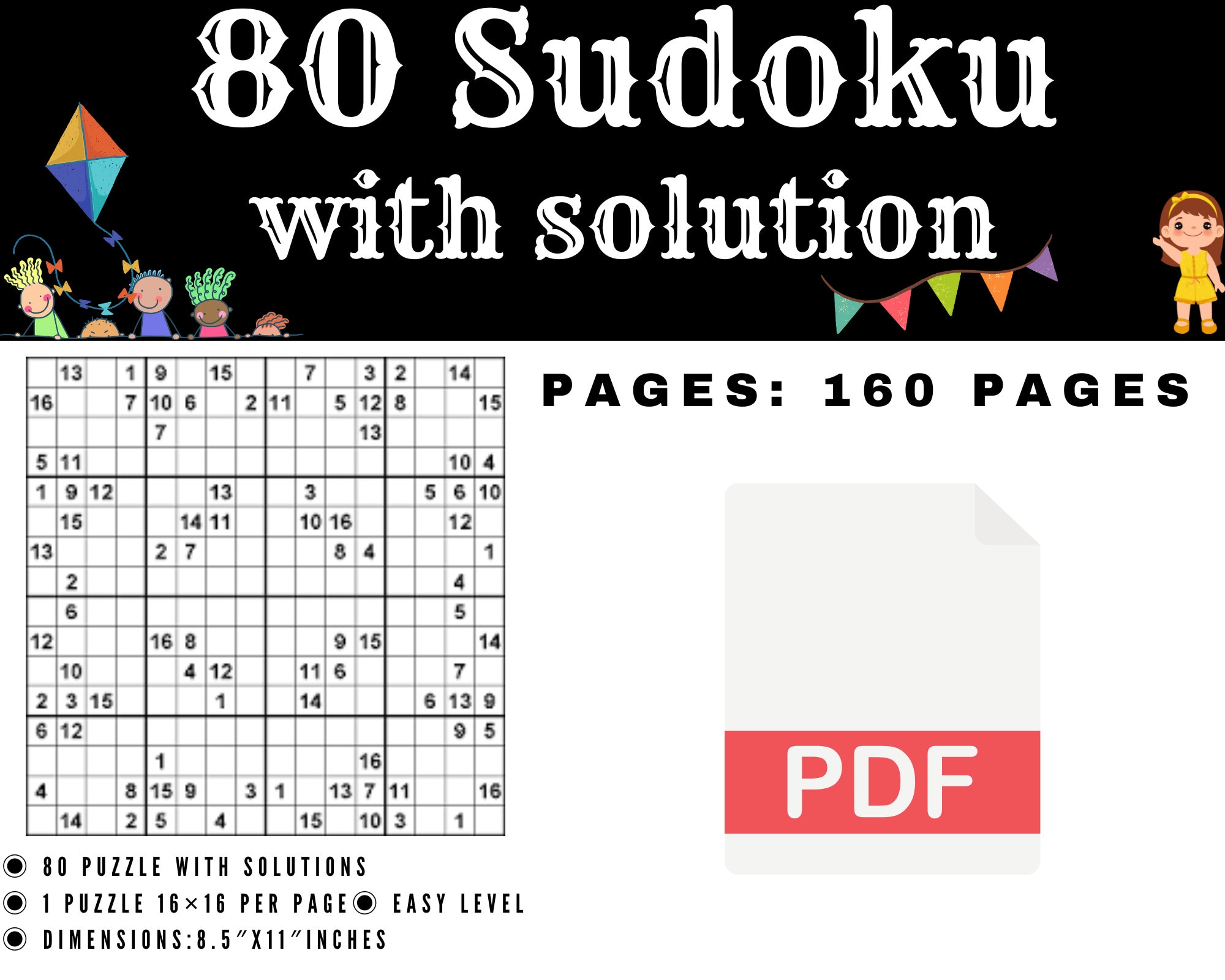80 Sudoku Easy for Kids 16x16 Easy Puzzles With Solutions, Digital ...