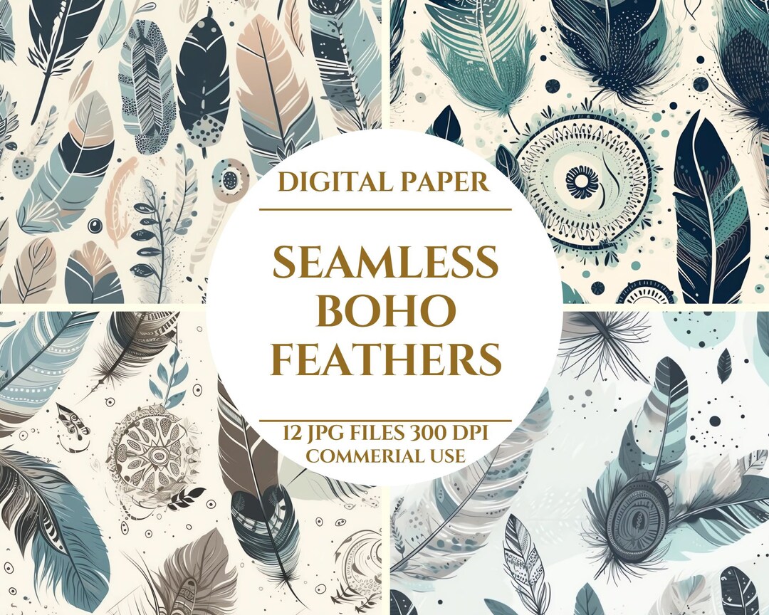 Seamless Boho Feathers Digital Paper, Seamless Boho Feathers Delights ...