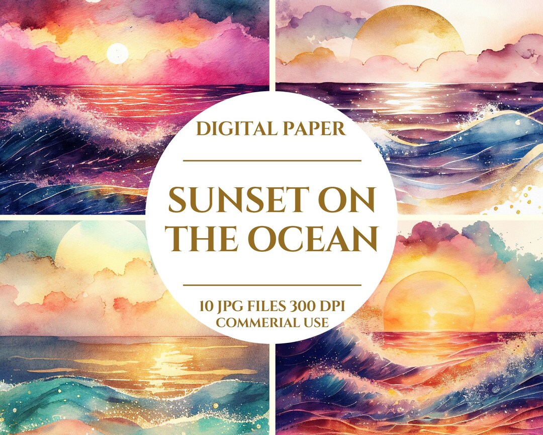 Sunset on the Ocean Digital Paper, Ocean Serenity Sunset Digital Paper ...