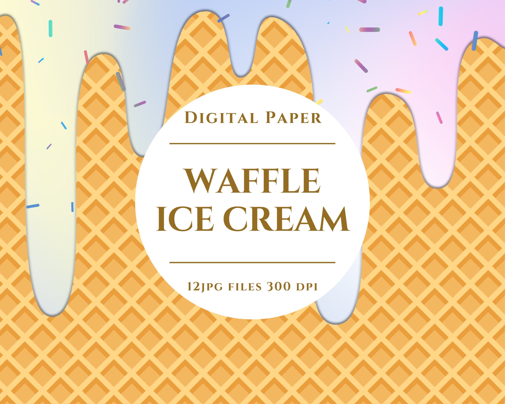 Waffle Ice Cream Digital Paper, Dripping Chocolate and Strawberry Ice ...