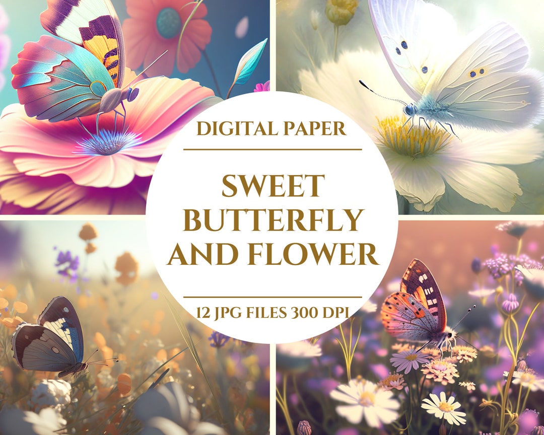 Sweet Butterfly and Flower Digital Paper, Spring Paper, Flower Clip Art ...