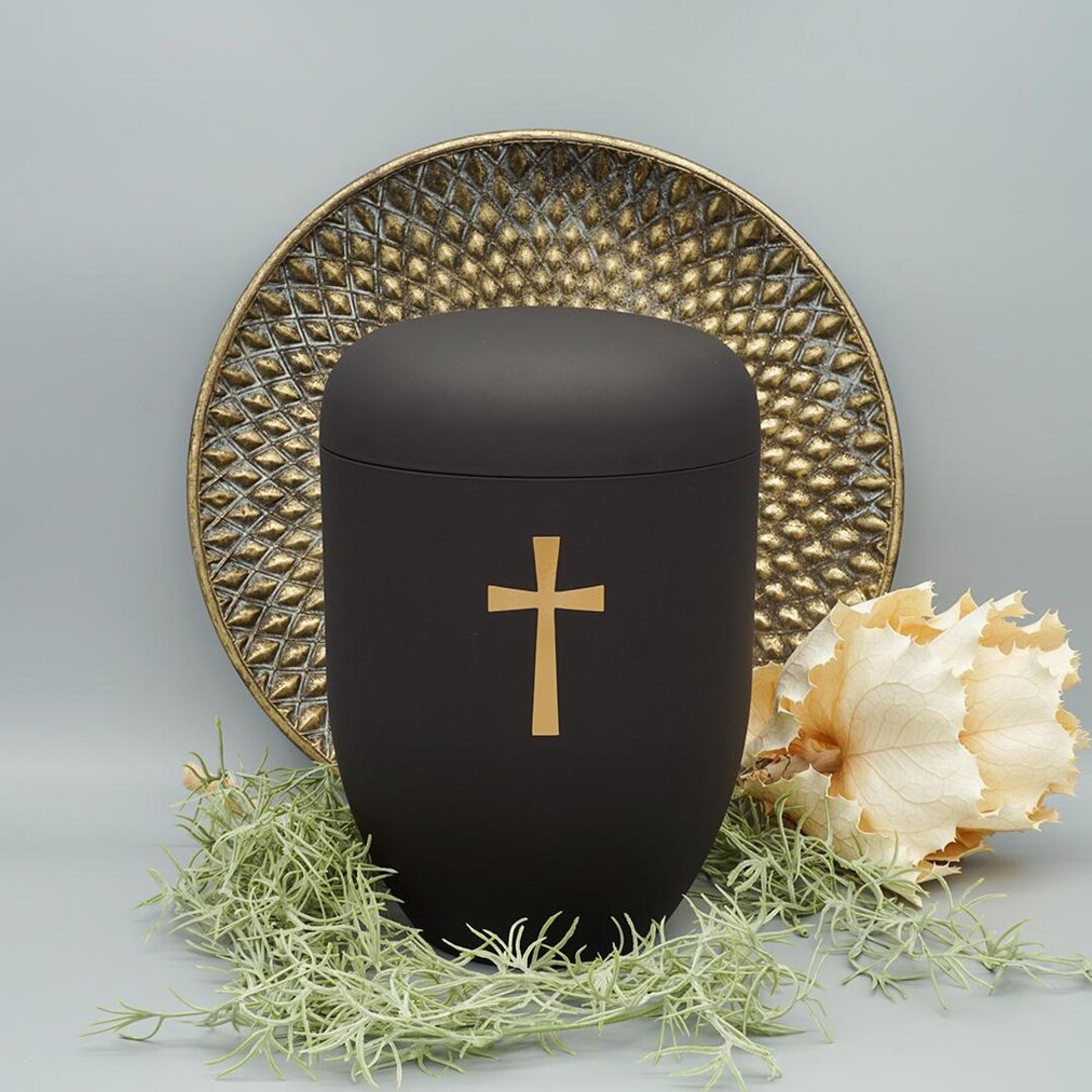 Black Urn Biodegradable Urn With Holy Cross for Funeral Ashes Handpainted Cremation Urn Funeral ...