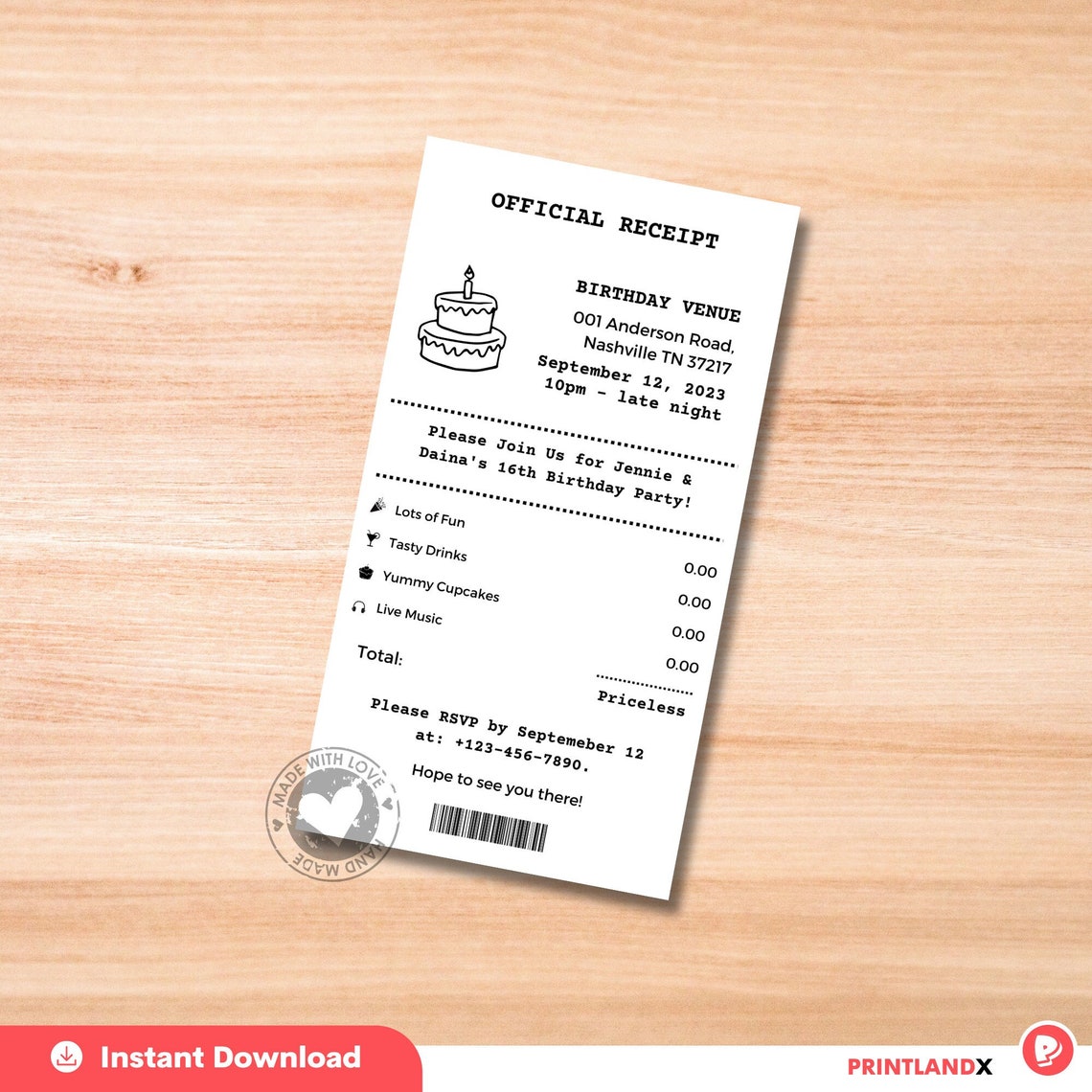 Editable Birthday Receipt Template, Birthday Receipt Invitation ...
