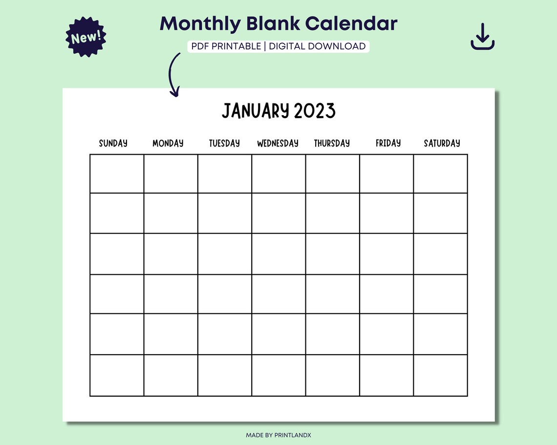 Monthly Blank Calendar Simple Calendar Free Printable - Etsy