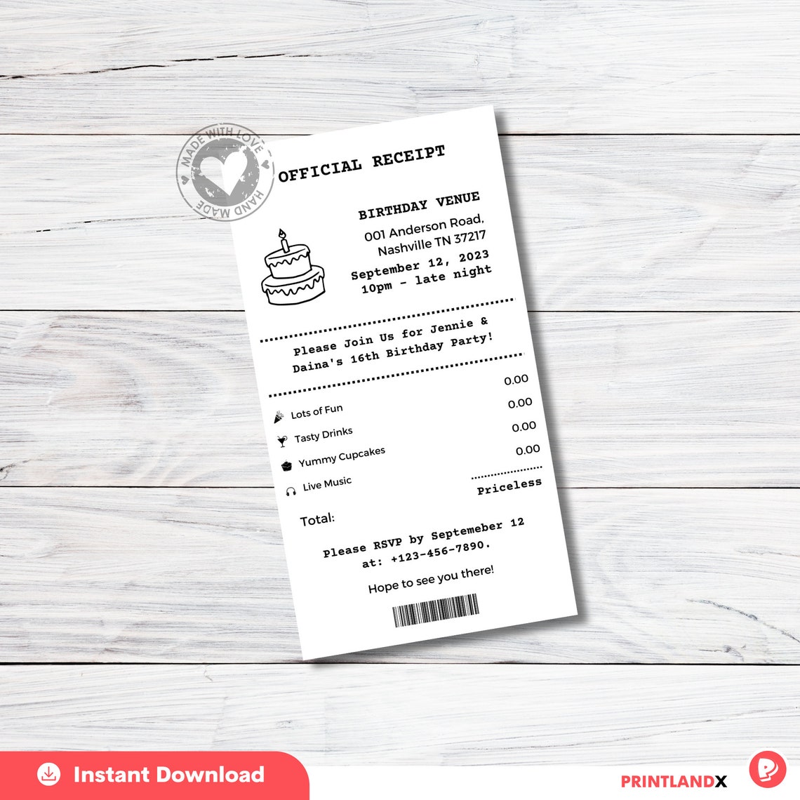 Editable Birthday Receipt Template, Birthday Receipt Invitation ...