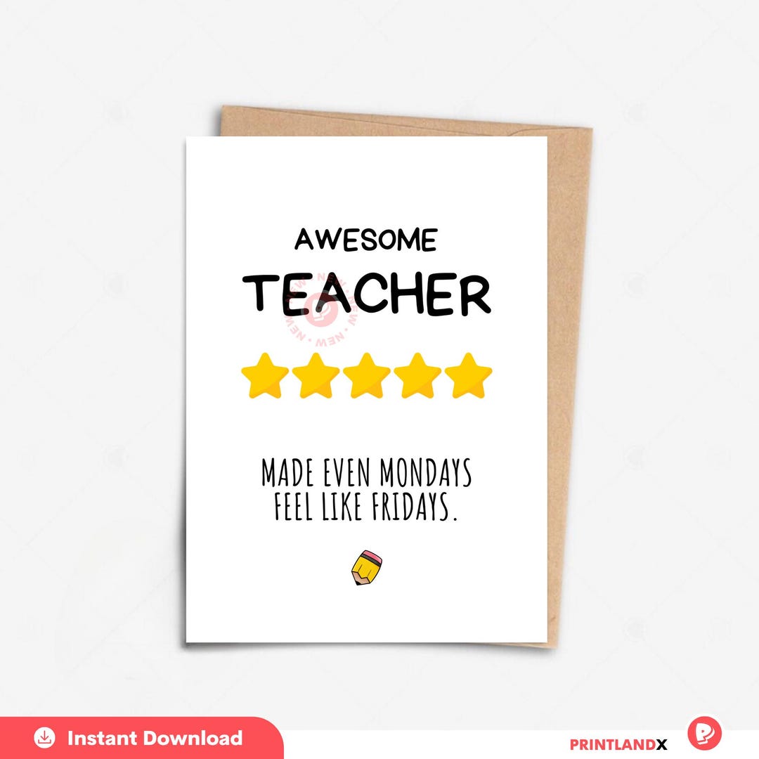 Funny Teacher Thank You Card, Teacher Appreciation Card, 5-star Rating ...