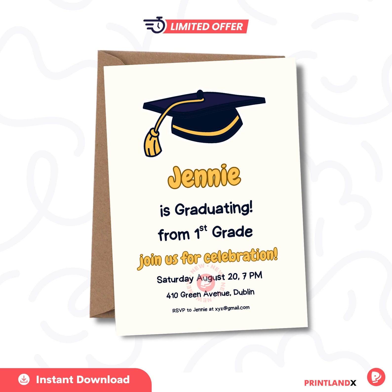 Editable Graduation Invitation for Kids – Canva Template | 1st Grade to ...