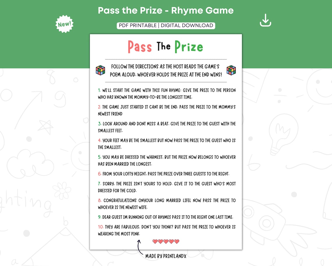 Pass the Prize - Rhyme Game | Baby Shower Game | Baby Shower Idea ...