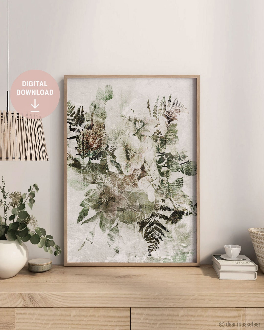 Green Grunge Floral Digital Art Print, Leaf Art, Flower Print ...