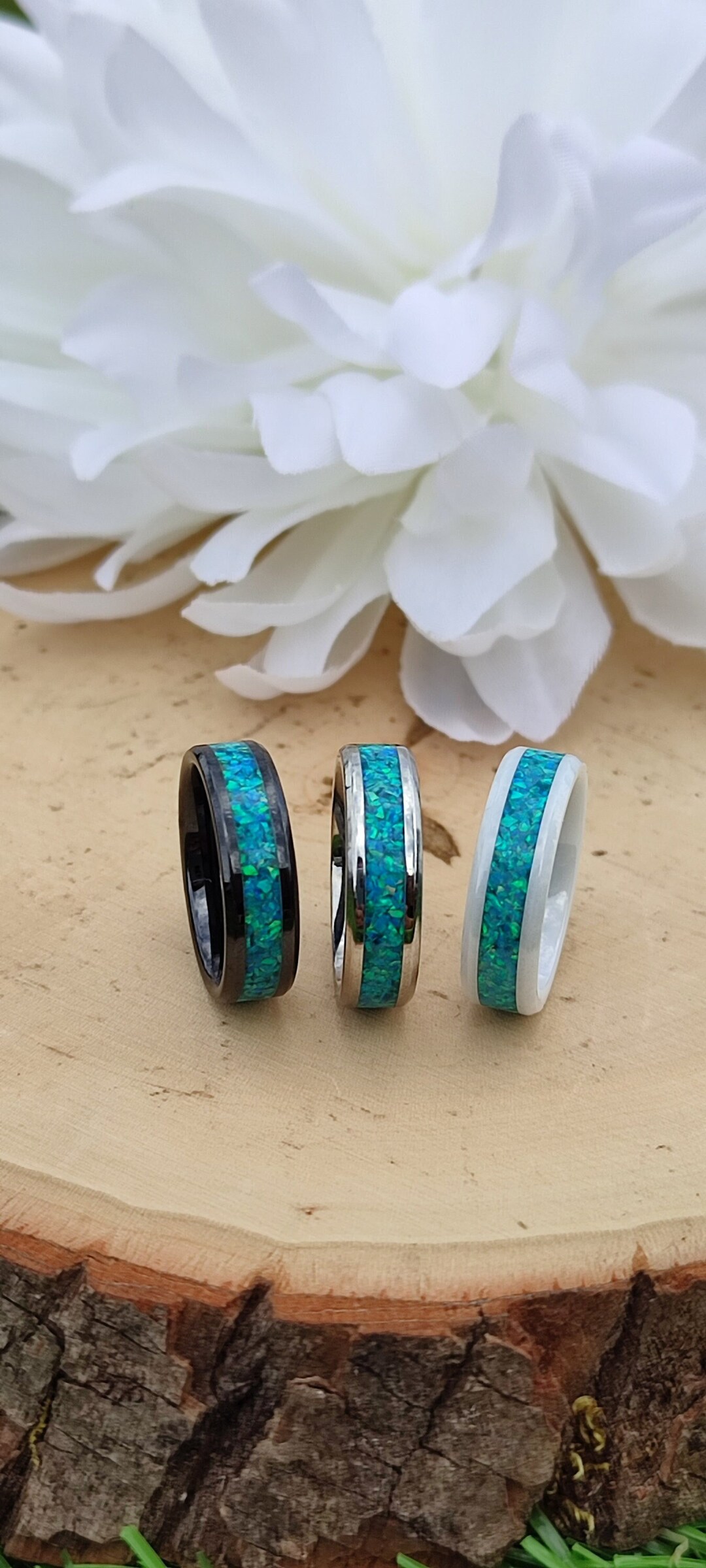Turquoise Opal Ring in White/black Ceramic - Men / Women Wedding Ring ...