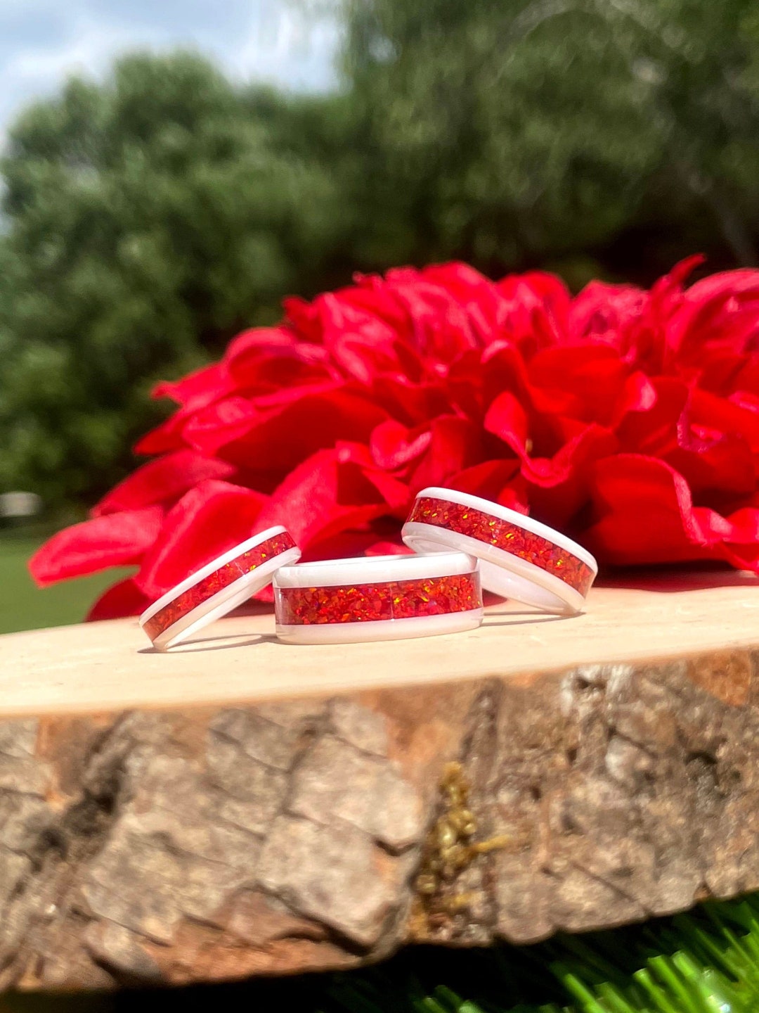 Red Opal Inlay Ring in White Ceramic - Men / Women Wedding Ring ...