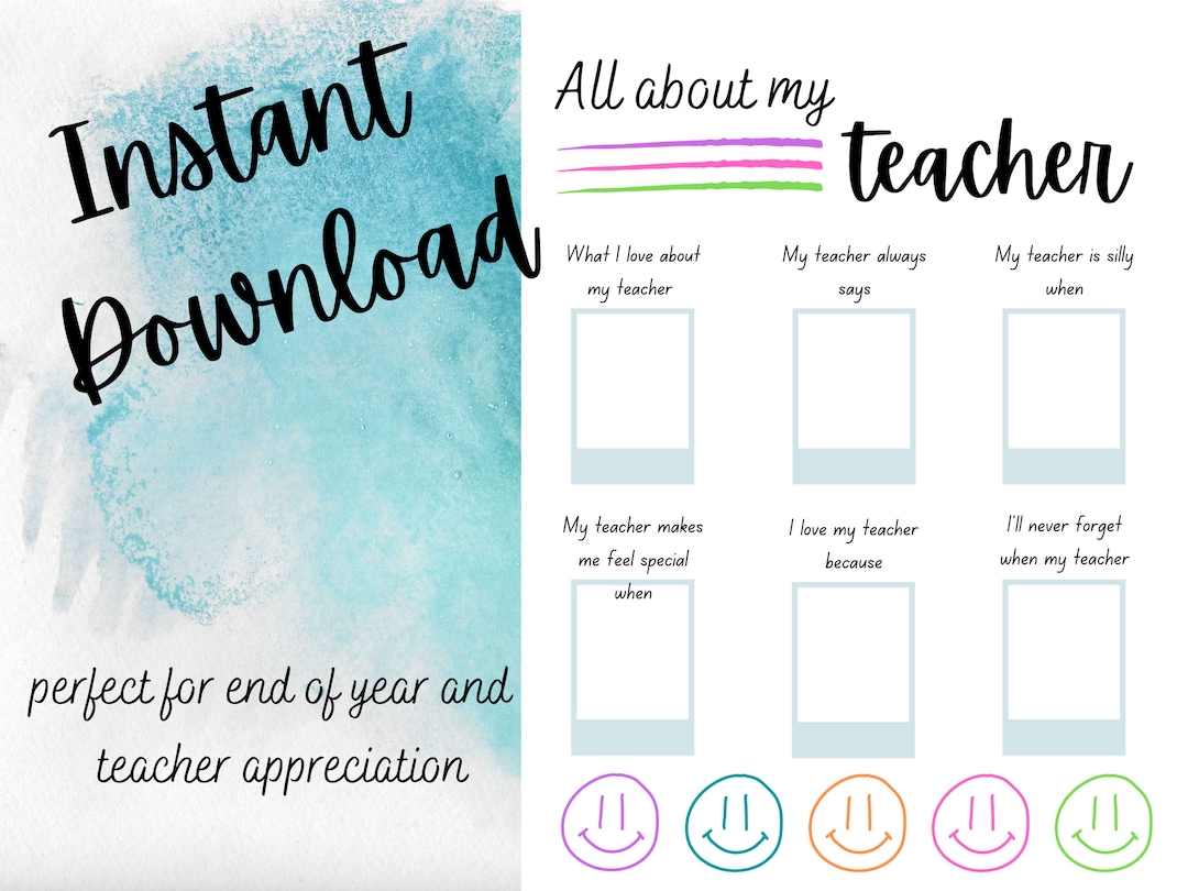 Teacher Appreciation Printable, Teacher Thank You, All About My Teacher ...