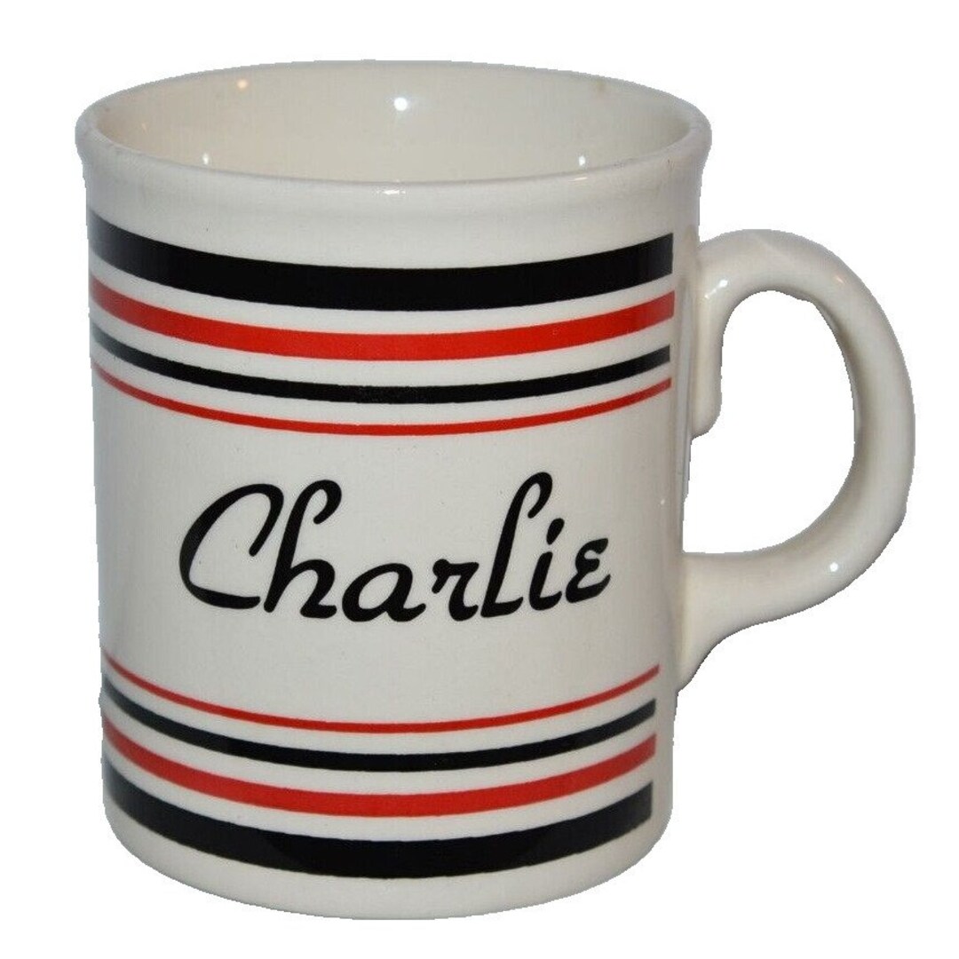 Vtg Charlie Coffee Trucker Mug Cup Retro Mod Black Red Stripes TV Movie ...