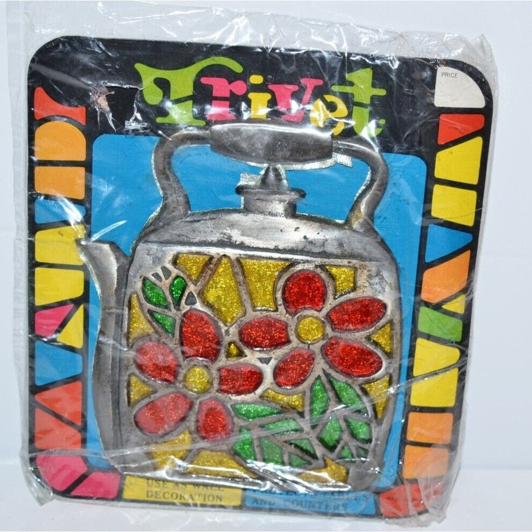 Vtg Kettle Tea Pot Shaped Cast Iron Trivet With Stained Glass Inserts ...