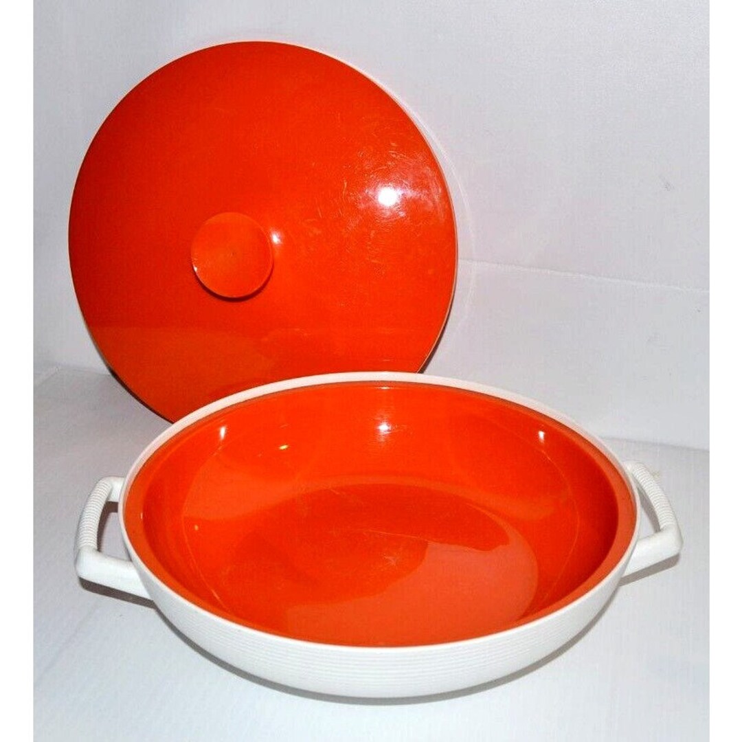 Vtg Thermo Temp Raffiaware White Covered Serving Bowl Orange Lid Retro ...