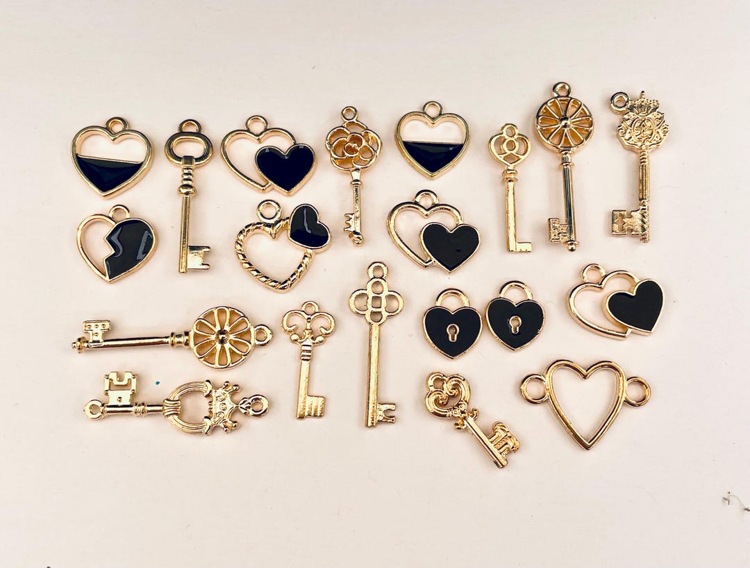 Key to My Heart Charms / Gold and Black Enamel Heart and Key Charms ...