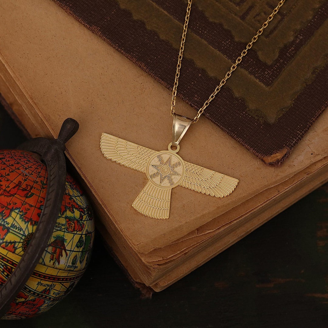 Sumerian Ancient Winged Solar Disk 14k 18k Solid Gold Necklace , Gold ...