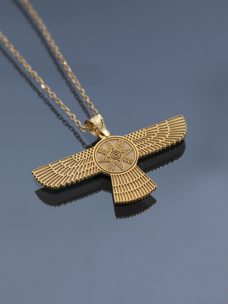 Sumerian Ancient Winged Solar Disk 14k 18k Solid Gold Necklace - Etsy
