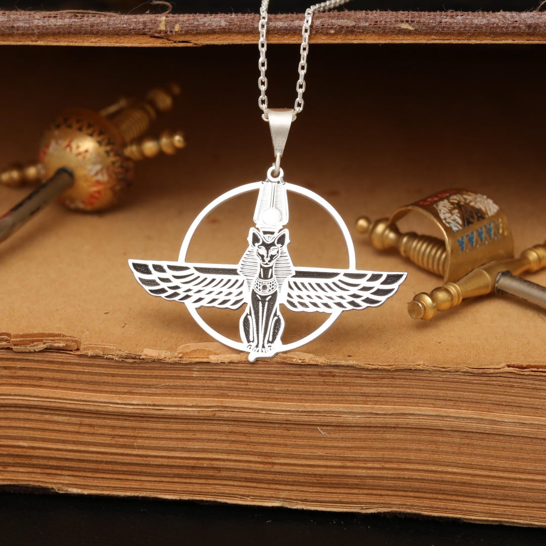 Sterling Silver Bastet Cat Goddess Necklace - Egyptian Sphinx Pendant ...