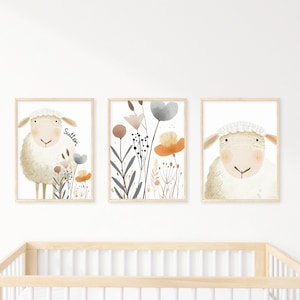 Personalized Cute Floral Sheep Wall Art Set of 3 Prints, Kids Farm Wall Art Prints, Sheep Art ...