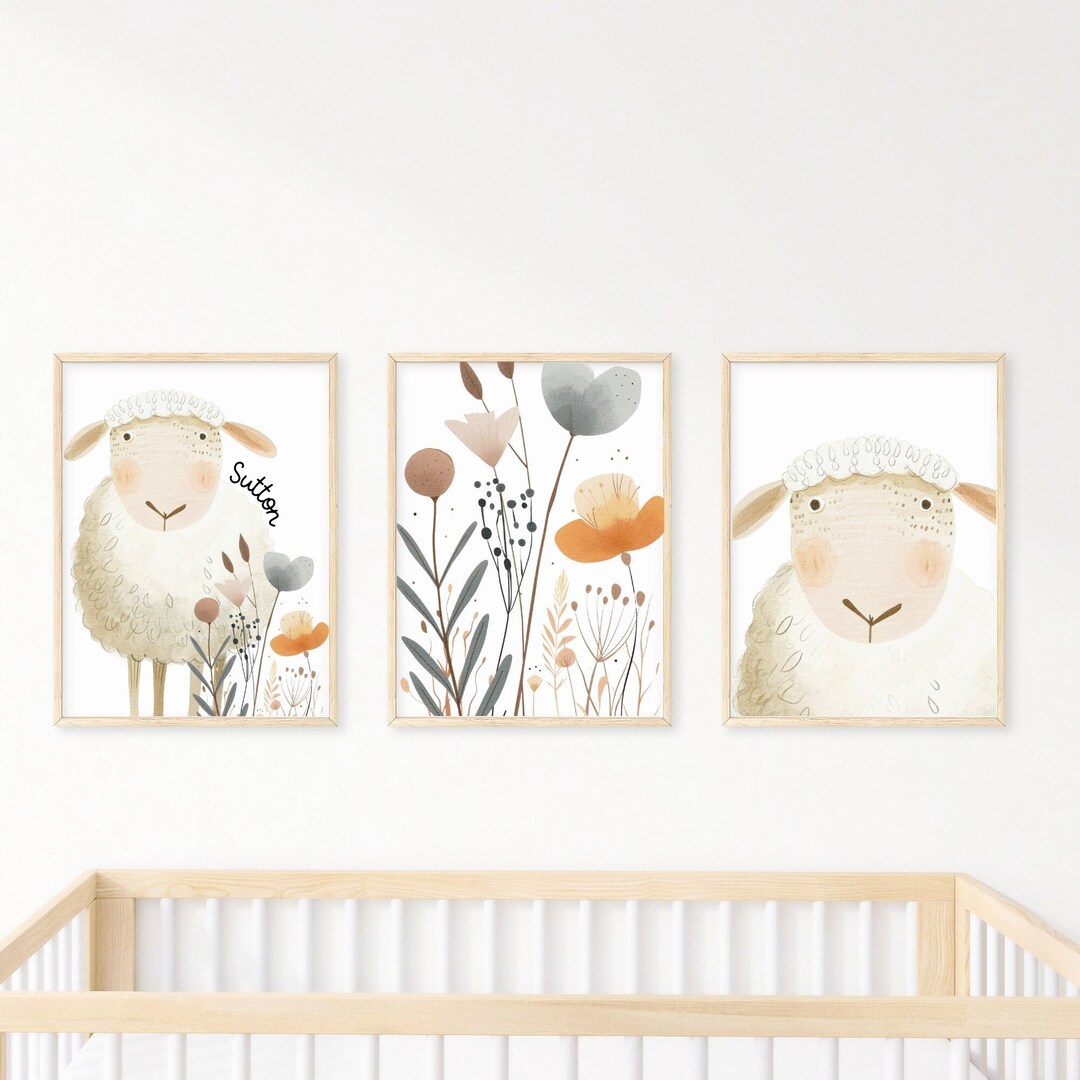 Personalized Cute Floral Sheep Wall Art Set of 3 Prints, Kids Farm Wall ...