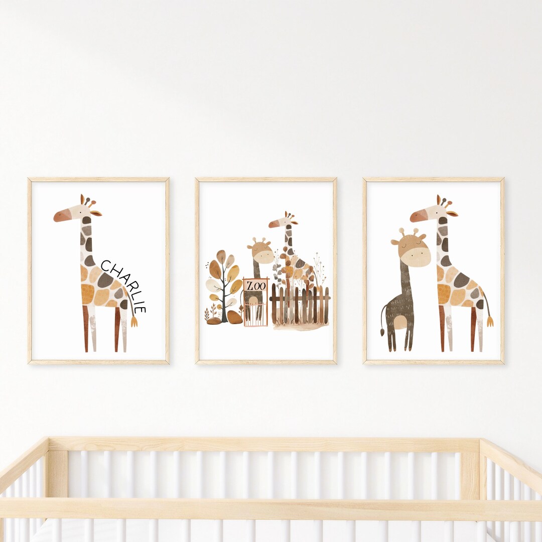 Personalized Boho Zoo Giraffe Wall Art Set of 3 Prints, Custom Giraffe ...