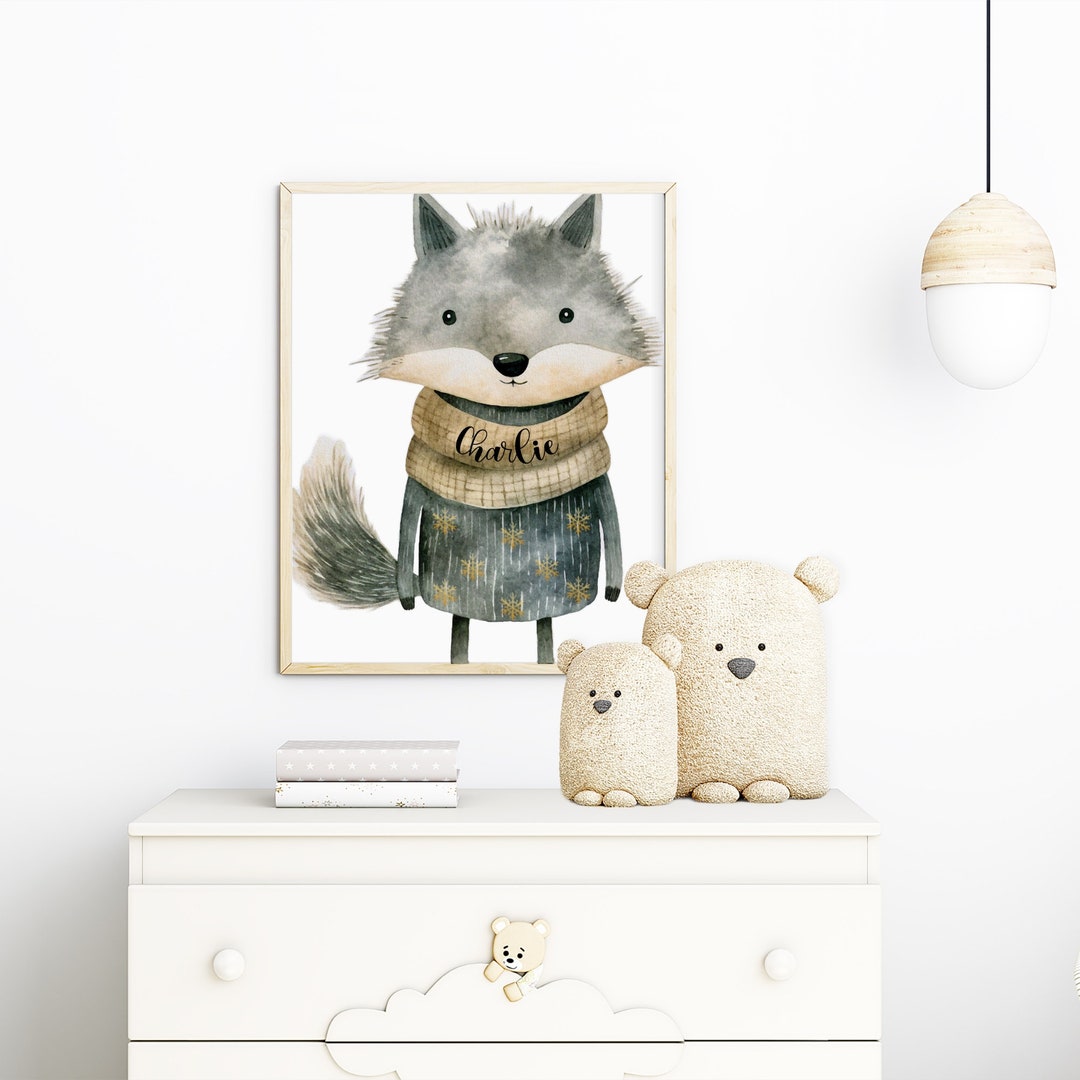 Personalized Cozy Woodland Wolf Wall Art Print, Nursery Name Sign, Baby ...