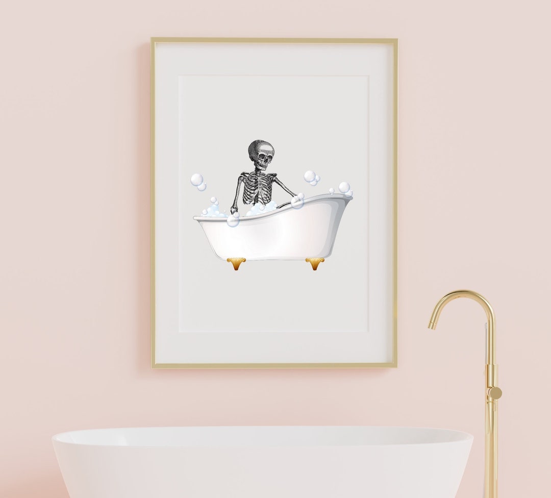 Skeleton in a Bathtub Wall Art Print, Vintage Halloween Bathroom Wall ...
