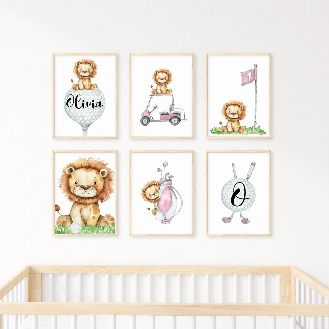 Personalized Cute Lion Golf Wall Art Set 6 Prints, Custom Golf Wall Art ...