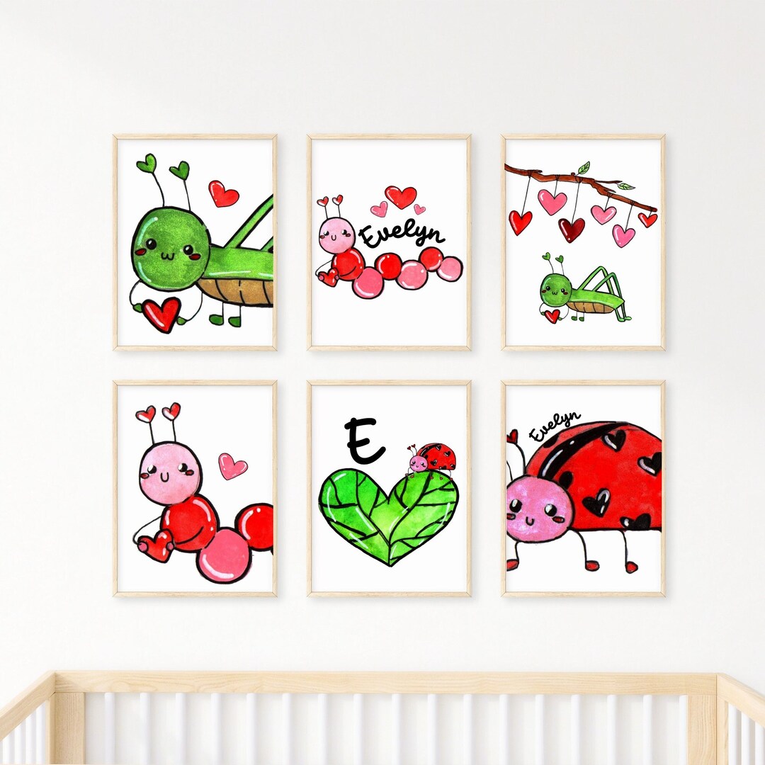 Personalized Love Bugs Wall Art Set of 6 Prints, Insect Wall Art, Kids ...