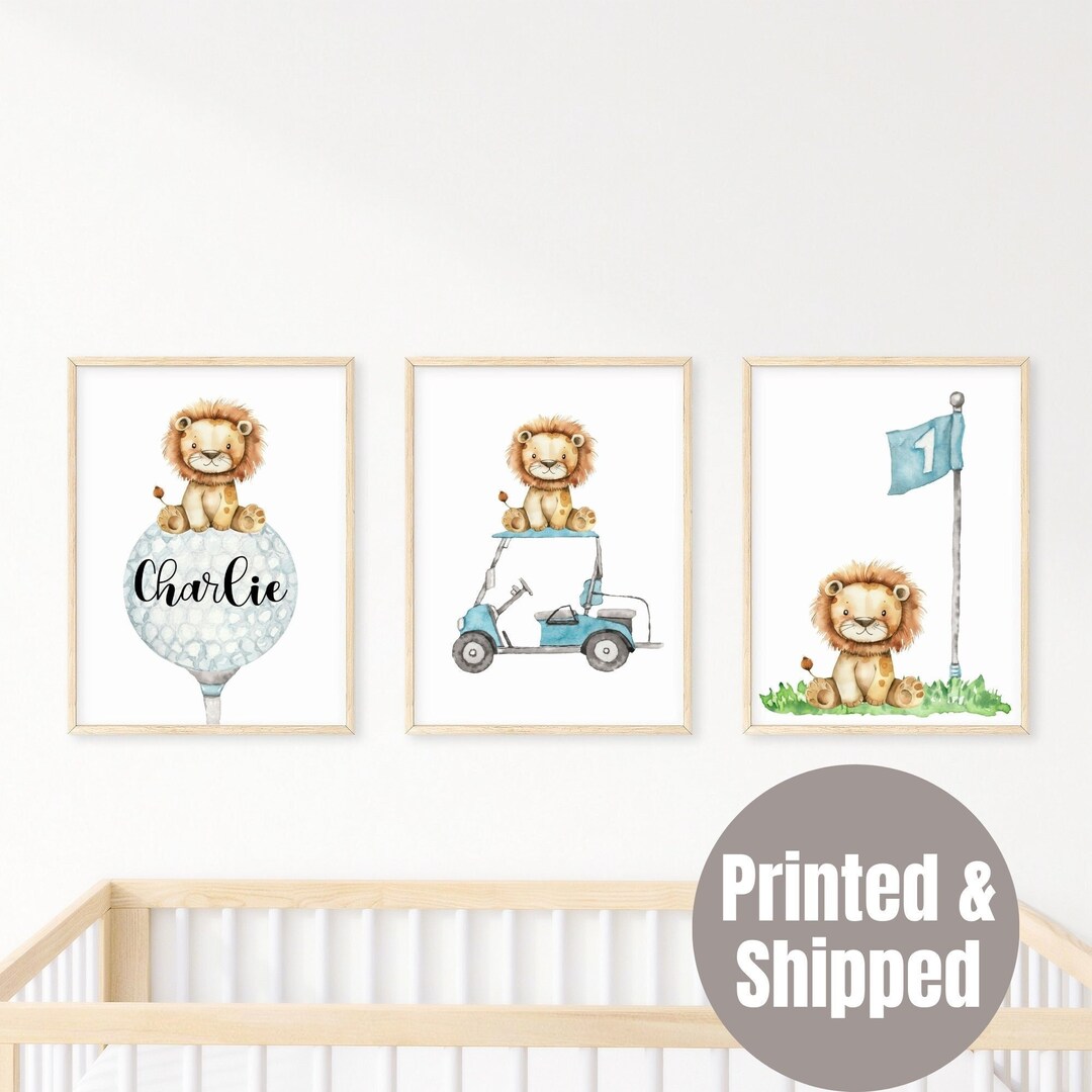 Personalized Cute Lion Golf Wall Art Set of 3 Prints, Custom Golf Lion ...