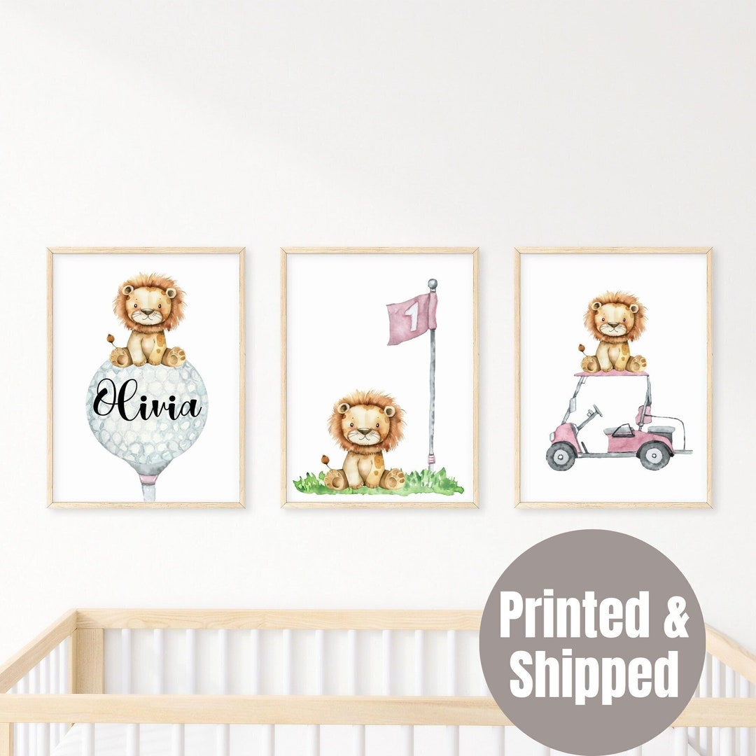 Personalized Cute Lion Golf Wall Art Set of 3 Prints, Custom Golf Lion ...