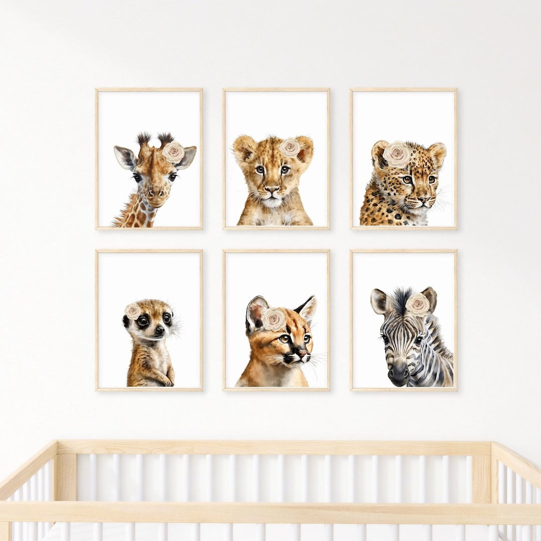 Baby Jungle Animals Nursery Wall Art Set of 6 Prints, Safari Animals ...