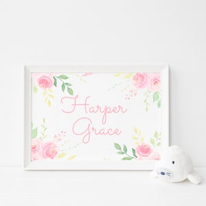 Personalized Floral Girl's Wall Art Print, Personalized Baby Name ...