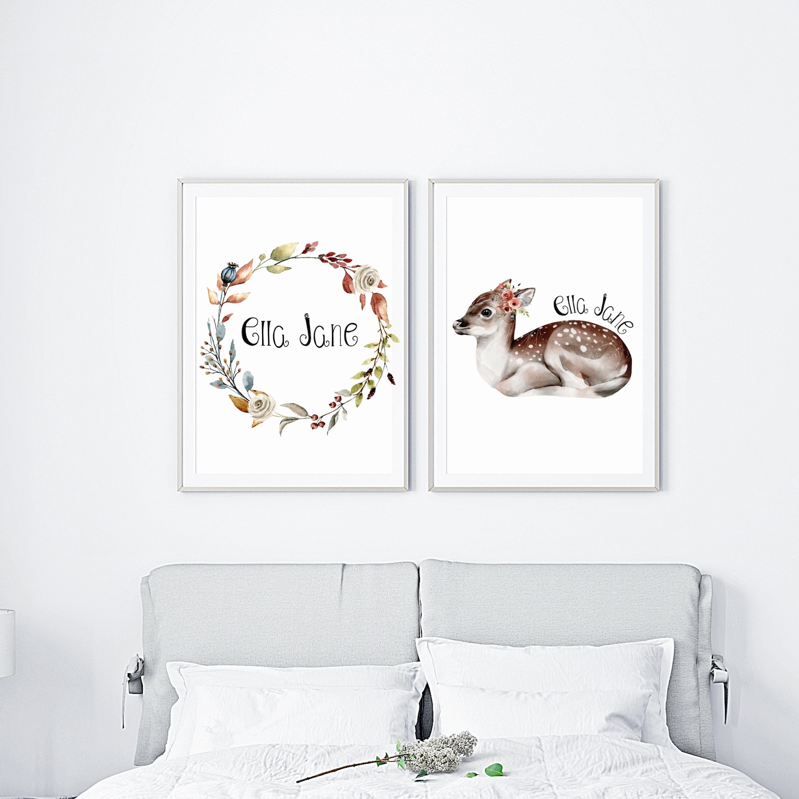 Personalized Boho Floral Deer Wall Art Set of 2 Prints, Personalized ...