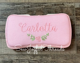 Personalized Travel Baby Wipe Case Pink Rose Embroidered - Etsy