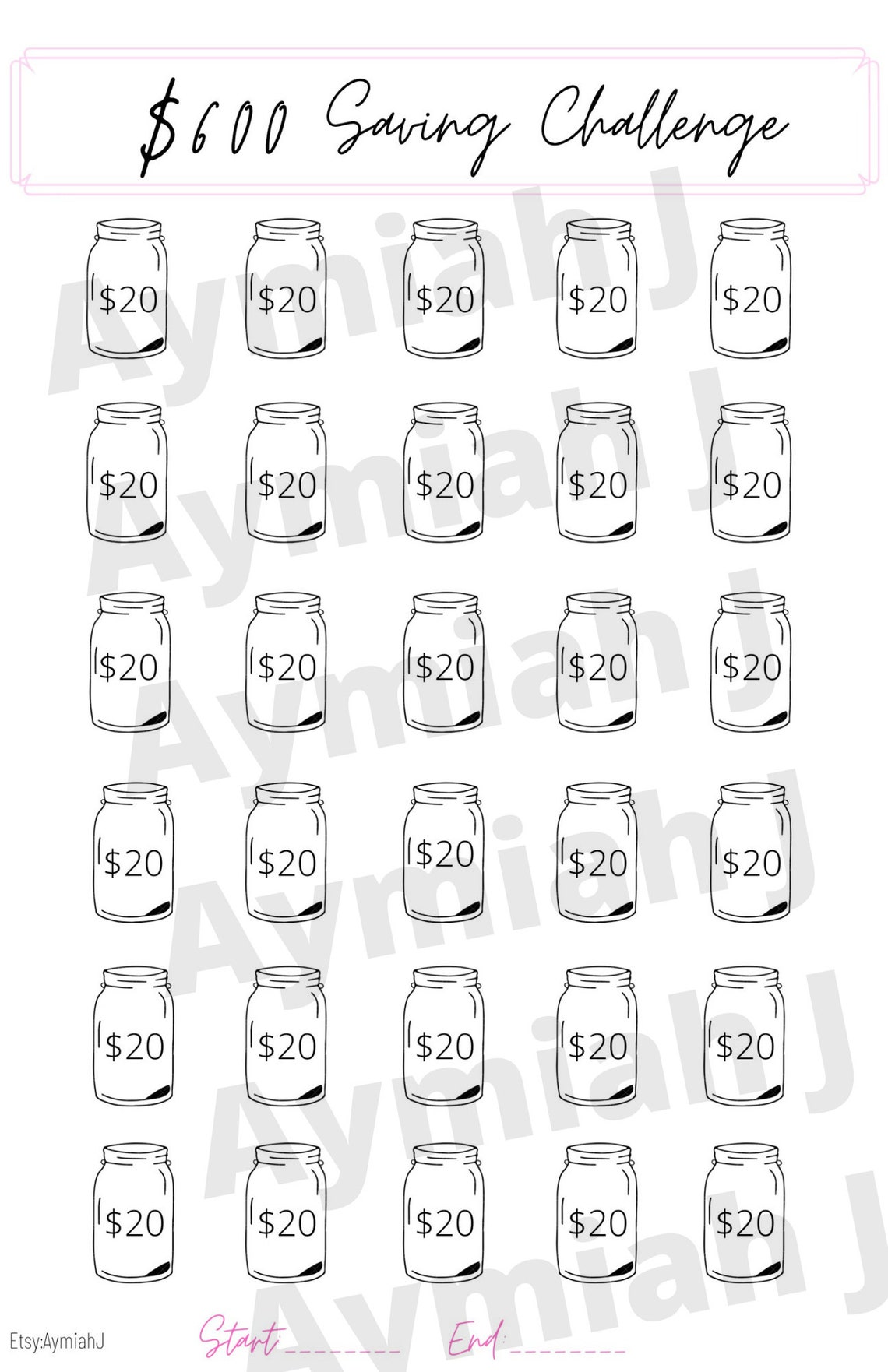 600 Dollar Saving Challenge - Etsy