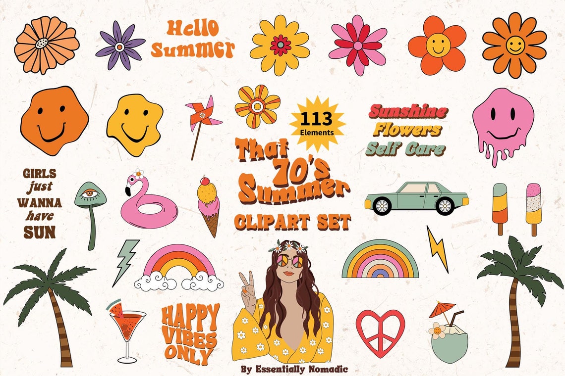 70s Summer Retro Clipart Set Groovy Elements Clipart Retro - Etsy