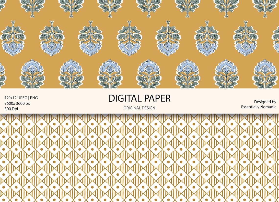 Indian Block Print Digital Paper: Flower Jaipur Motifs, Damask Floral ...